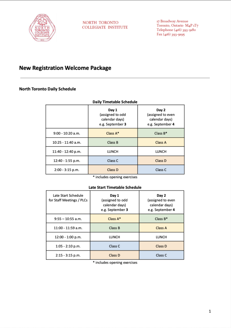 Daily Schedule 2024-2025 – North Toronto Collegiate Institute